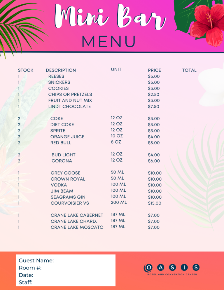 Oasis Hotel Menus